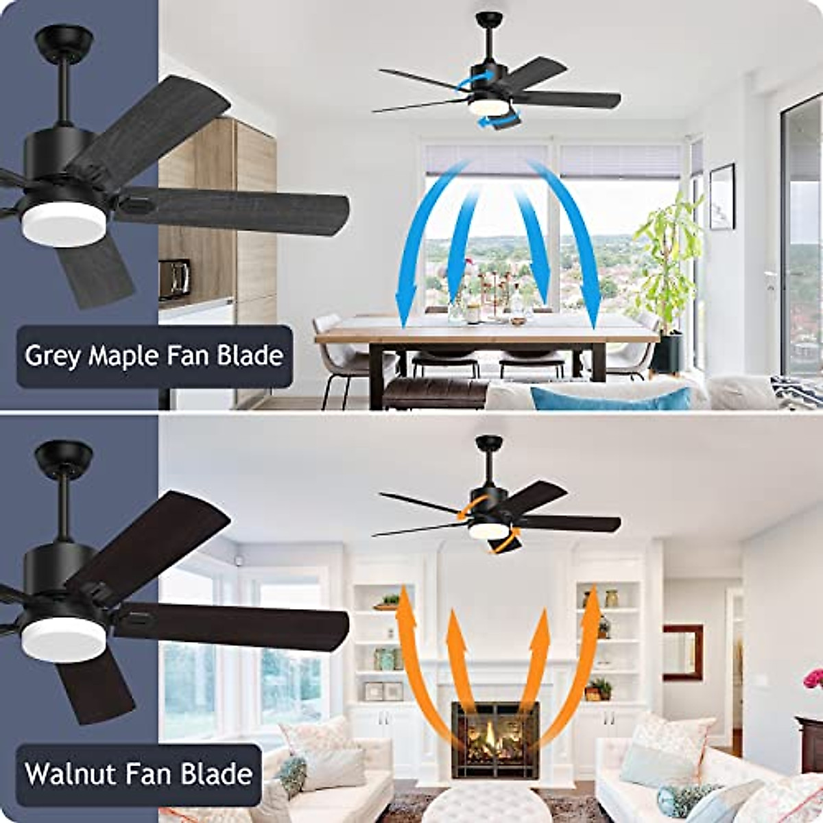 Biukis Ceiling Fans with Lights and Remote, 52 Inch Outdoor Ceiling Fan with Remote, Modern Black Fan with Lights for Patio Farmhouse Bedroom