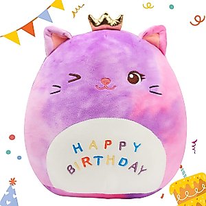 Easfan 12'' Rainbow Birthday Kitty Plush Pillow Soft Cat Plush Toy Cute Kitty Stuffed Animal Home Room Decoration Birthday Gifts for Kids Toddlers