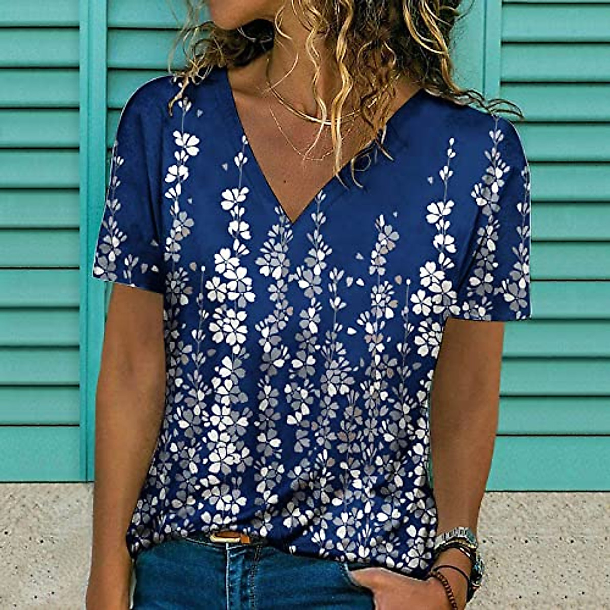 SMIDOW Cute Tshirts Shirts for Women 2023 Fashion Short Sleeve v Neck Summer Tops Bohemian Style Floral Print Graphic Tees