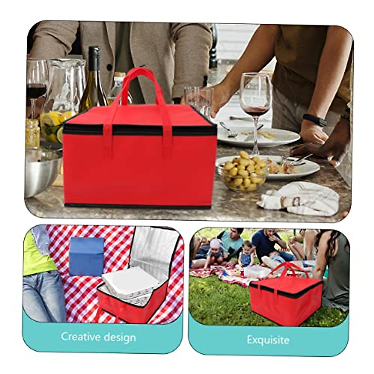 FELTECHELECTR Insulation Bags Foldable Tote Bag Shopping Tote Bag Large Tote Bags Lunch Insulation Coolers Keep Warm Groceries Bag Pizza Carry Bag Non-woven Fabric Red Insulated Food Carrier Bag