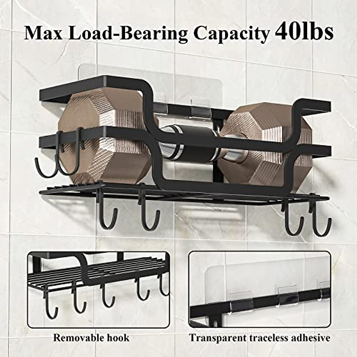 Auslar Shower Caddy, Shower Shelves, Shower Shelves for Inside Shower, Large Capacity Bathroom Shower Organizer with 6 Removable Hooks, Rustproof Stainless Steel, Self Adhesive Shower Shelves, Black