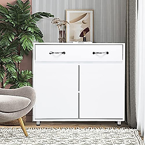 Henf White Storage Cabinet with Two Doors and 1 Big Storage Drawer Side Table Kitchen Storage Sideboard 2 Tire Pantry Cabinet for Living Room Bathroom Laundry Room Furniture