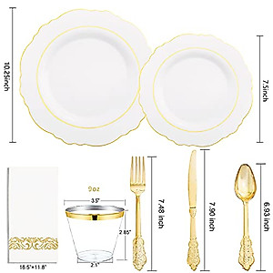 WDF 50Guest Gold Plastic Plates - Disposable White and Gold Plastic Plates include 100Plates, 150Gold Plastic Silverware, 50Cups, 50Napkins Plates for Wedding&Parties