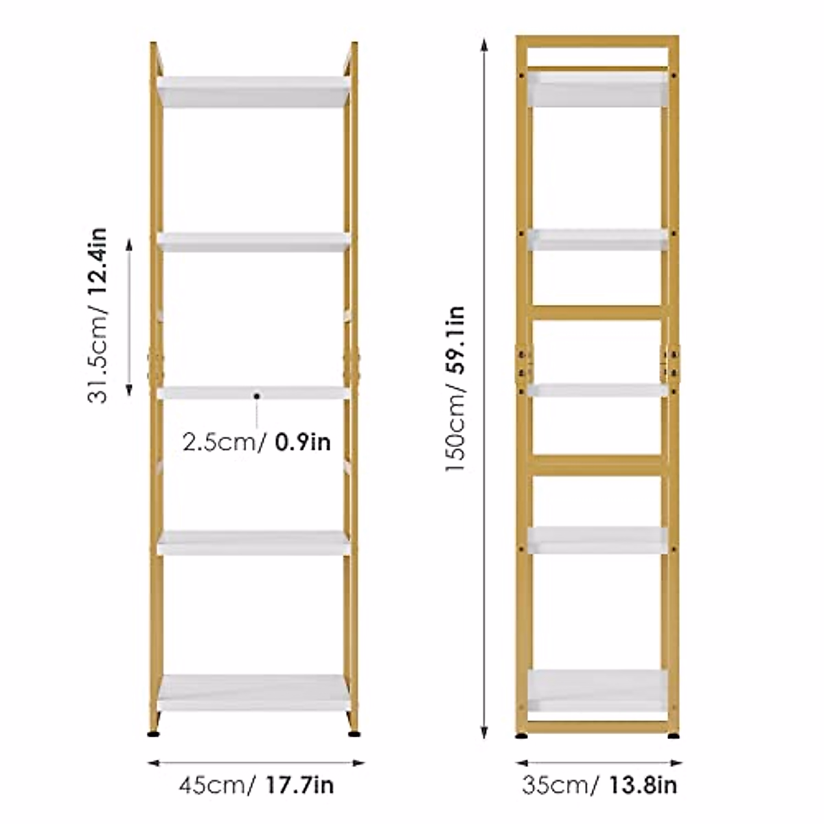 finetones 5 Tier Corner Shelf, Narrow Bookshelf Gold with Metal Frame, Modern Display Storage Organizer for Bedroom Living Room Home Office, White and Gold