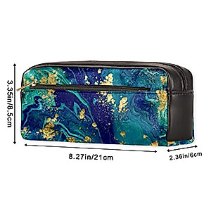 TropicalLife Turquoise Marbling Texture Golden Pencil Case, Portable Pu Leather Pencil Pen Case Pouch Bag with Zipper for Travel, School, Cosmetic Bag