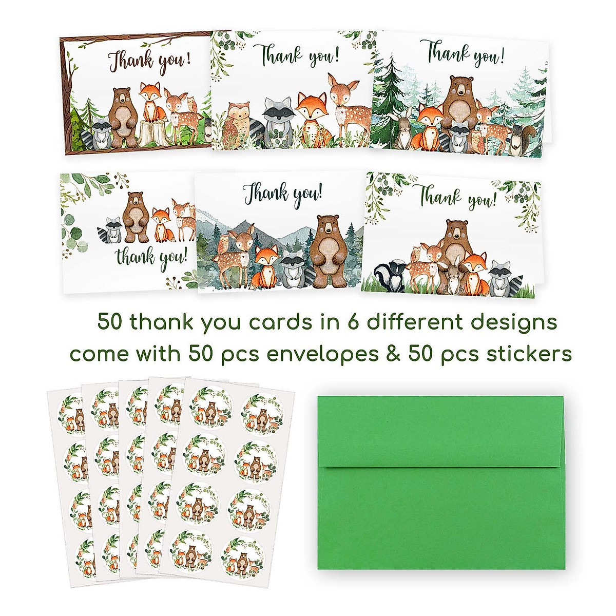 50 Woodland Thank You Cards, 4x6" Forest Animals Thank You Notes with Matching Green Envelopes & Stickers, Greenery Notecards, Woodland Baby Shower Thank You Cards