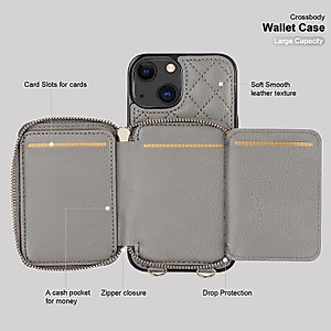 Bocasal Crossbody Wallet Case for iPhone 13, RFID Blocking PU Leather Zipper Handbag Purse Flip Cover, Kickstand Folio Case with Card Slots Holder Wrist Strap Lanyard 5G 6.1 Inch (Grey)