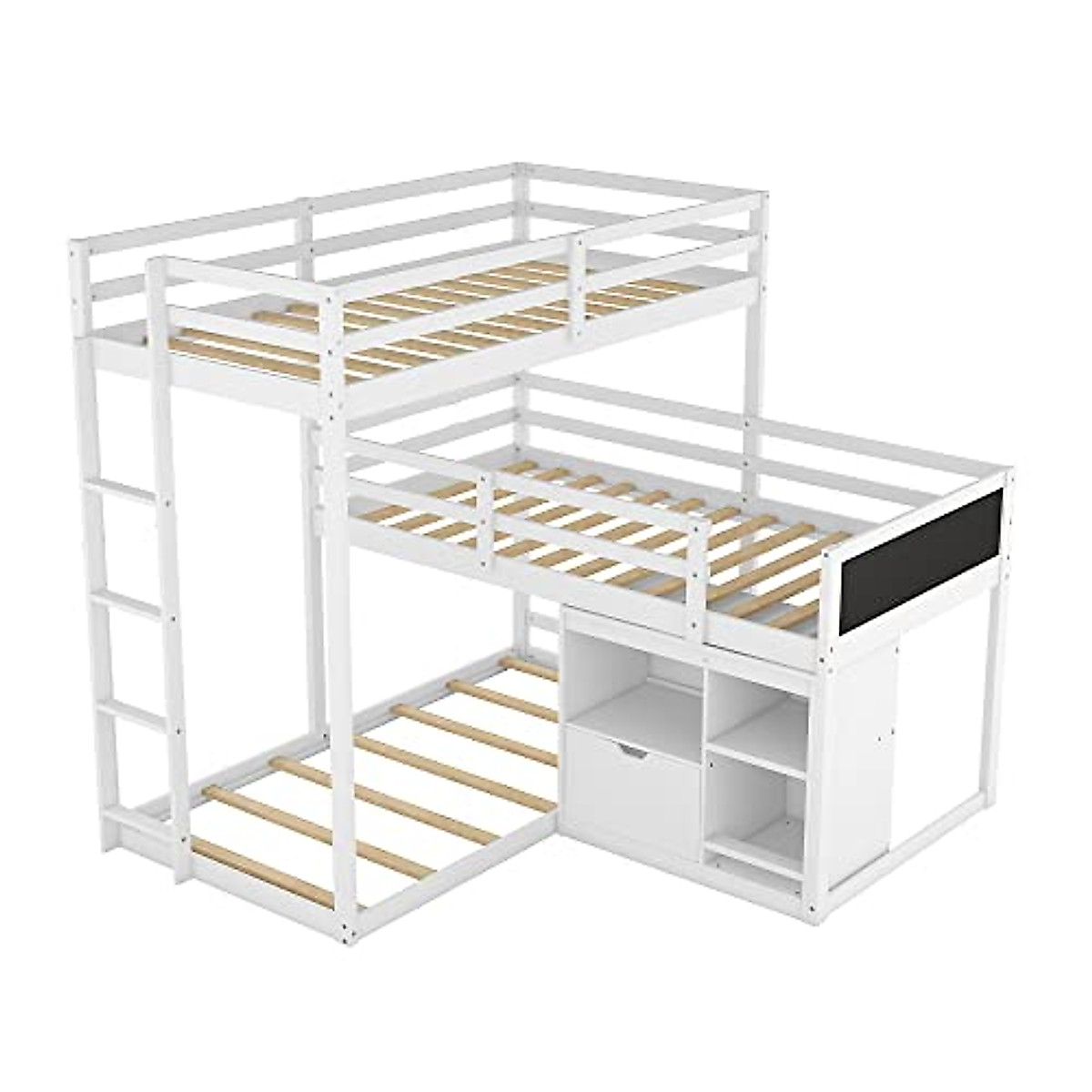 WOXYX L-Shaped Wood Triple Twin Size Bunk Bed with Storage Cabinet and Blackboard, Ladder,White