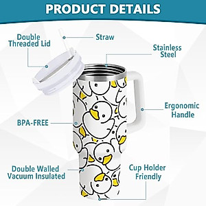 MCHIVER Cute Duck White 30 oz Tumbler with Handle and Straw Stainless Steel Vacuum Water Bottle Leak-proof Travel Coffee Mug Insulated Tumbler for Office Home Car