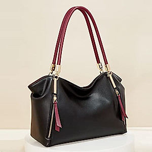 Women's Genuine Leather Tote Handbags, Top-handle Purses and Handbags for Women Satchel Shoulder Bags (04-2 Black with red handle)