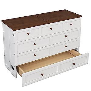 JIVOIT Queen Size Mobile Murphy Bed, Solid Pine Murphy Bed Chest with Charging Station and Large Storage Drawer, Queen Foldable Platform Bed for Home Office or Small Room