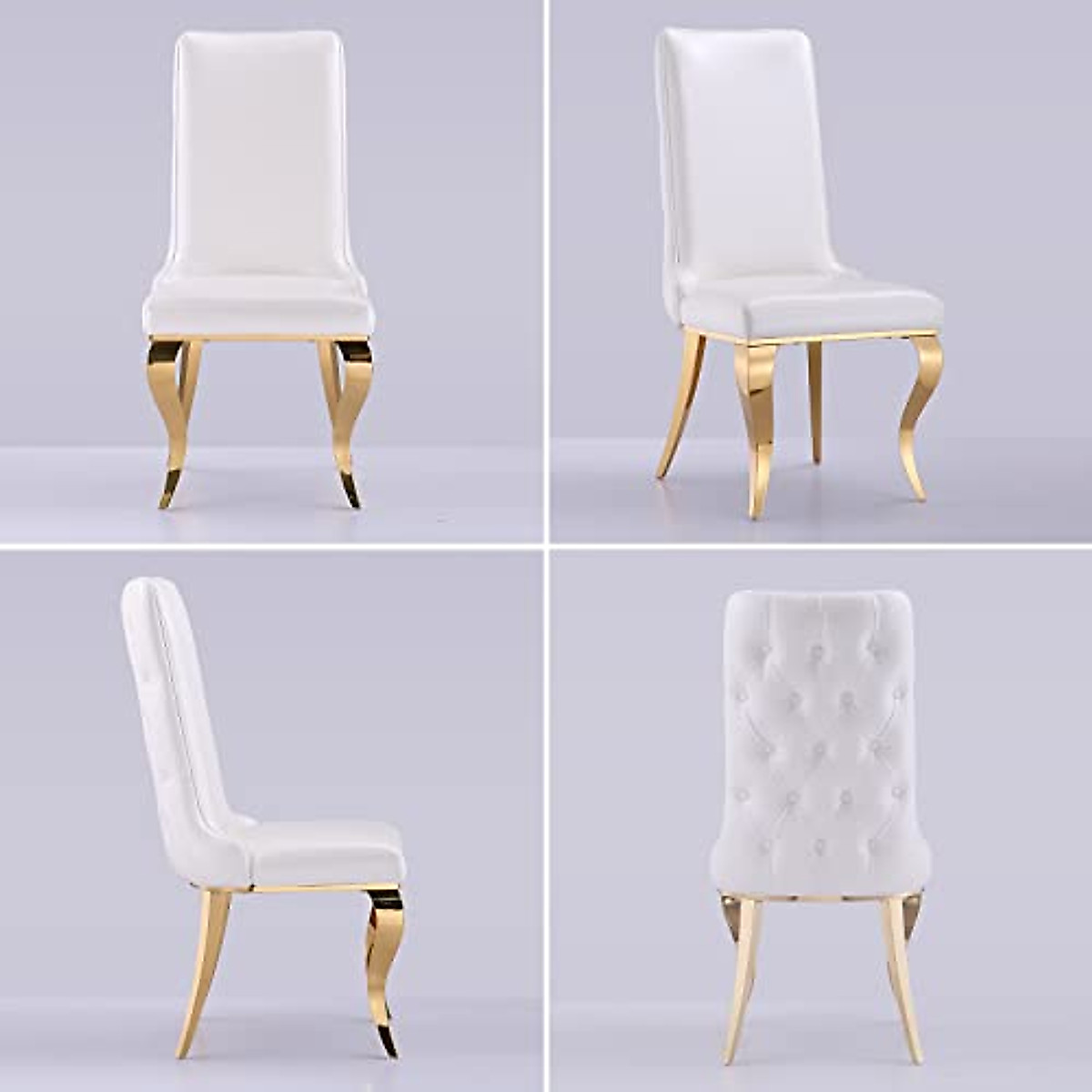 AZhome Dining Chairs, White Faux Leather Upholstered Dining Room Chairs in Button-Tufted Back, Dining Chairs with Gold Legs for Kitchen Dining Room, Set of 2