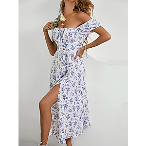 WDIRARA Women's Floral Print Tie Front Square Neck Short Sleeve Split Thigh Dress Blue and White L