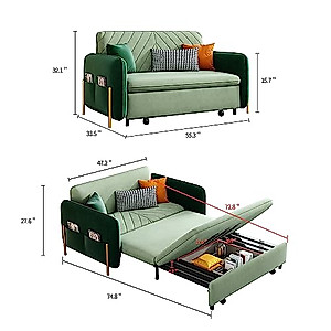 comfor u 53.5" Full Sleeper Sofa Green Upholstered Convertible Sofa Bed 3 in 1 Sleeper Sofa Couch Bed, Small Tufted Velvet Convertible Loveseat Futon Sofa w/Pullout Bed, Multi-Pockets for Living Room
