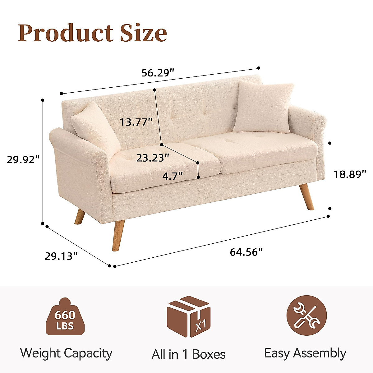 Kingfun Loveseat Sofa, White Love Seat Couches with Throw Pillow, Boucle Small Sofa for Living Room, Bedroom, Office, Button Tufted Upholstered Furniture, Easy to Install