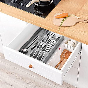 nebxazw Kitchen Drawer Organizer Tray,Drawer Organiser,Cutlery Tray,Expandable Utensil Tray for Kitchen,Compact Plastic Storage Organisation for Spoons