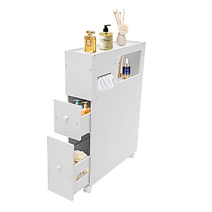 KWCWB Slim Bathroom Storage Cabinet, Movable Slim Rolling Storage Cart with 2 Drawers, Open Structure Small Bathroom Storage Cabinet with Toilet Brush Slot-for Corner, Narrow Spaces Bathroom Storage