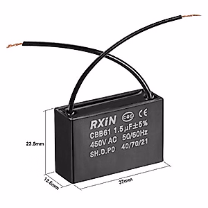 uxcell Ceiling Fan Capacitor CBB61 1.5uF 450V AC 2 Wires Metalized Polypropylene Film Capacitors 37x23.5x12.6mm for Water Pump Motor Generator, Pack of 5