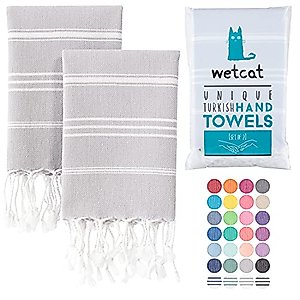 WETCAT Turkish Hand Towels with Hanging Loop (20 x 30) - Set of 2, 100% Cotton, Soft - Pre Washed Boho Farmhouse Kitchen Towels - Unique Decorative Hand Towels for Bathroom (Light Grey)