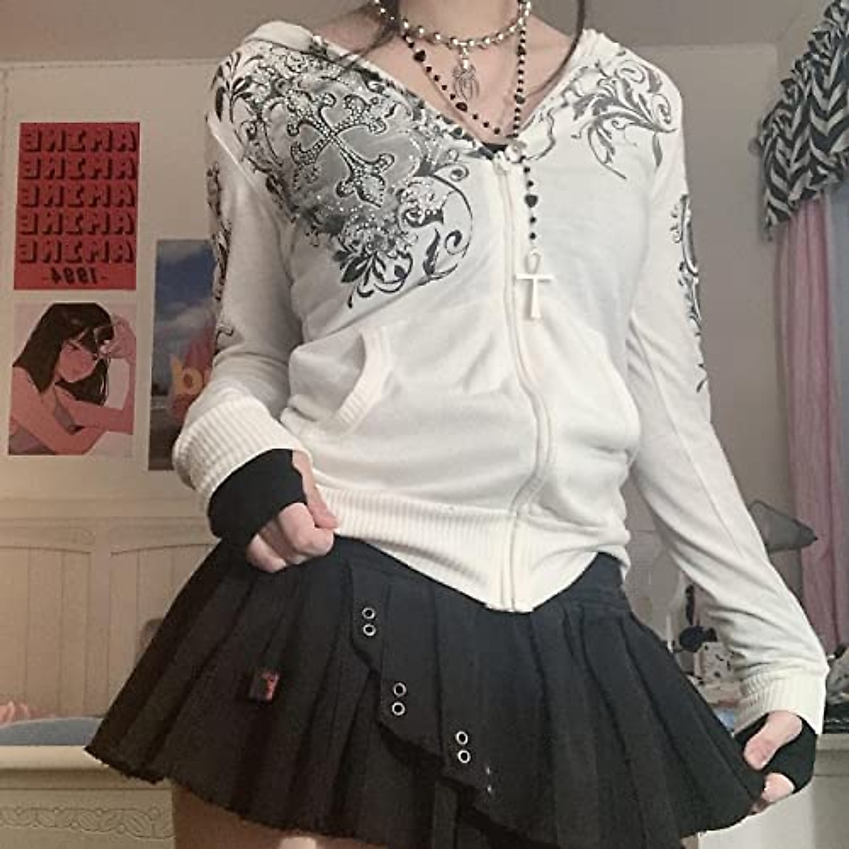 SOLILOQUY Women Y2k Zip Up Cropped Hoodies Casual Long Sleeve Drawstring Punk Pullover Sweatshirts Harajuku Grunge Cargo Jacket