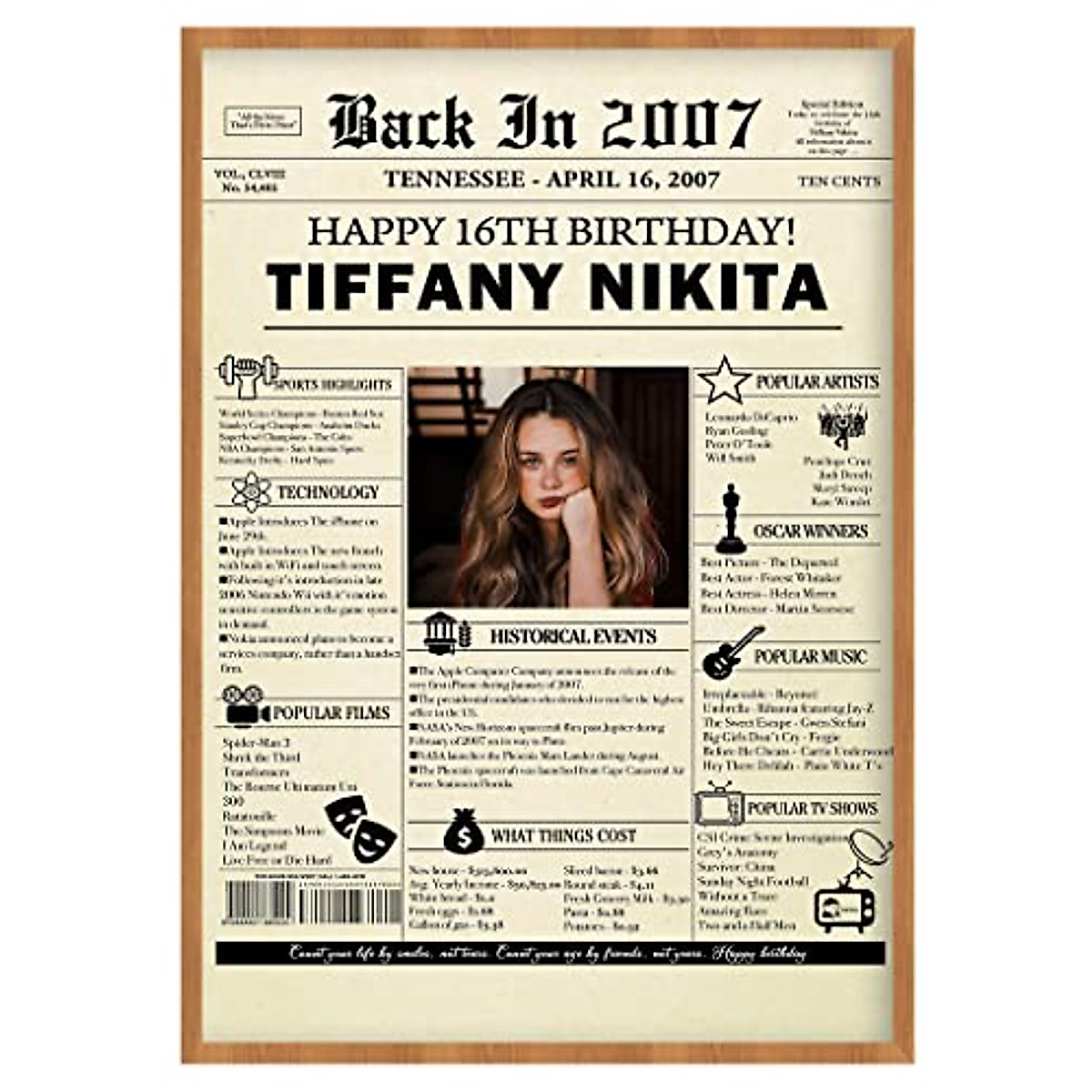 16th Birthday Decorations For Women, Men, Him, Her - Custom Poster Party Decor Gifts With Personalized Birth Date, Photo - Back in Newspaper