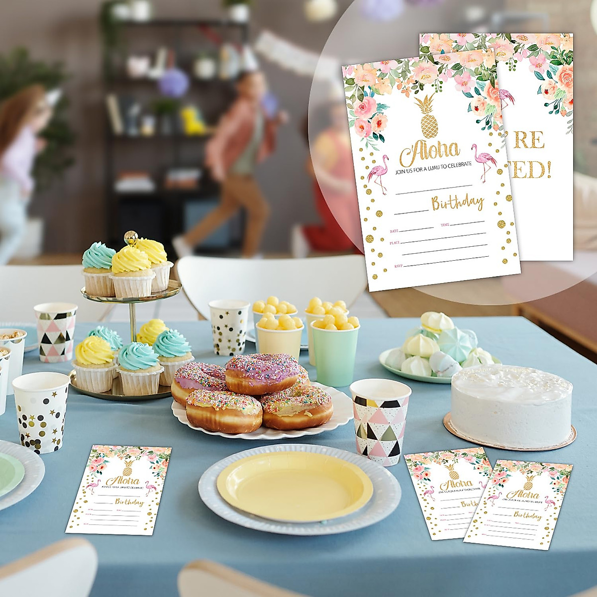 Hawaiian Aloha Luau Floral Birthday Party Invitations Cards with Envelopes, Tropical Summer Party Invitations, Birthday Celebration Supplies, Double-sided Fill-in bday Invites for Boys Girls- A09