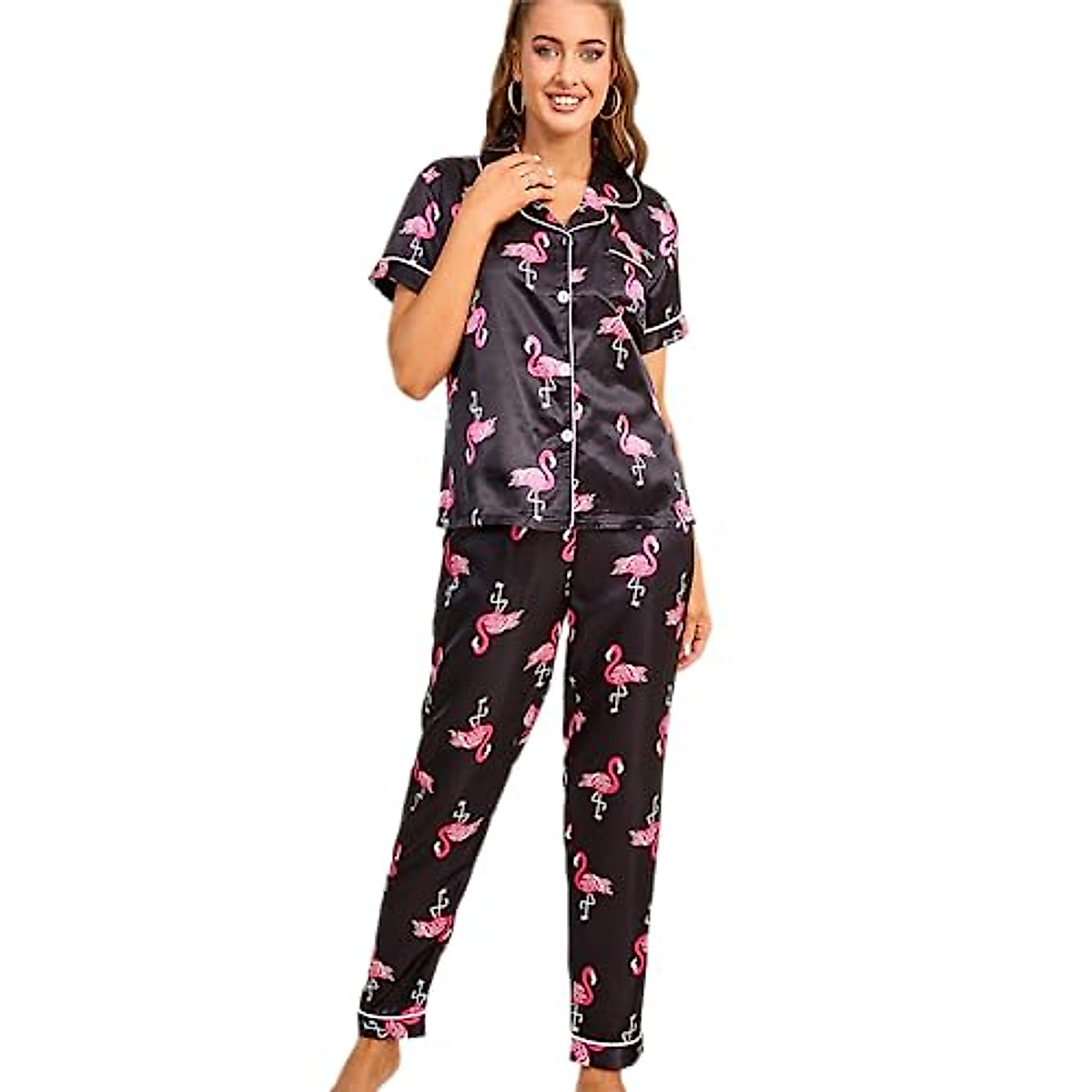WDIRARA Women's 2 Piece Sleepwear Striped Satin Short Sleeve Shirt and Pants Pajama Set Animal Black M