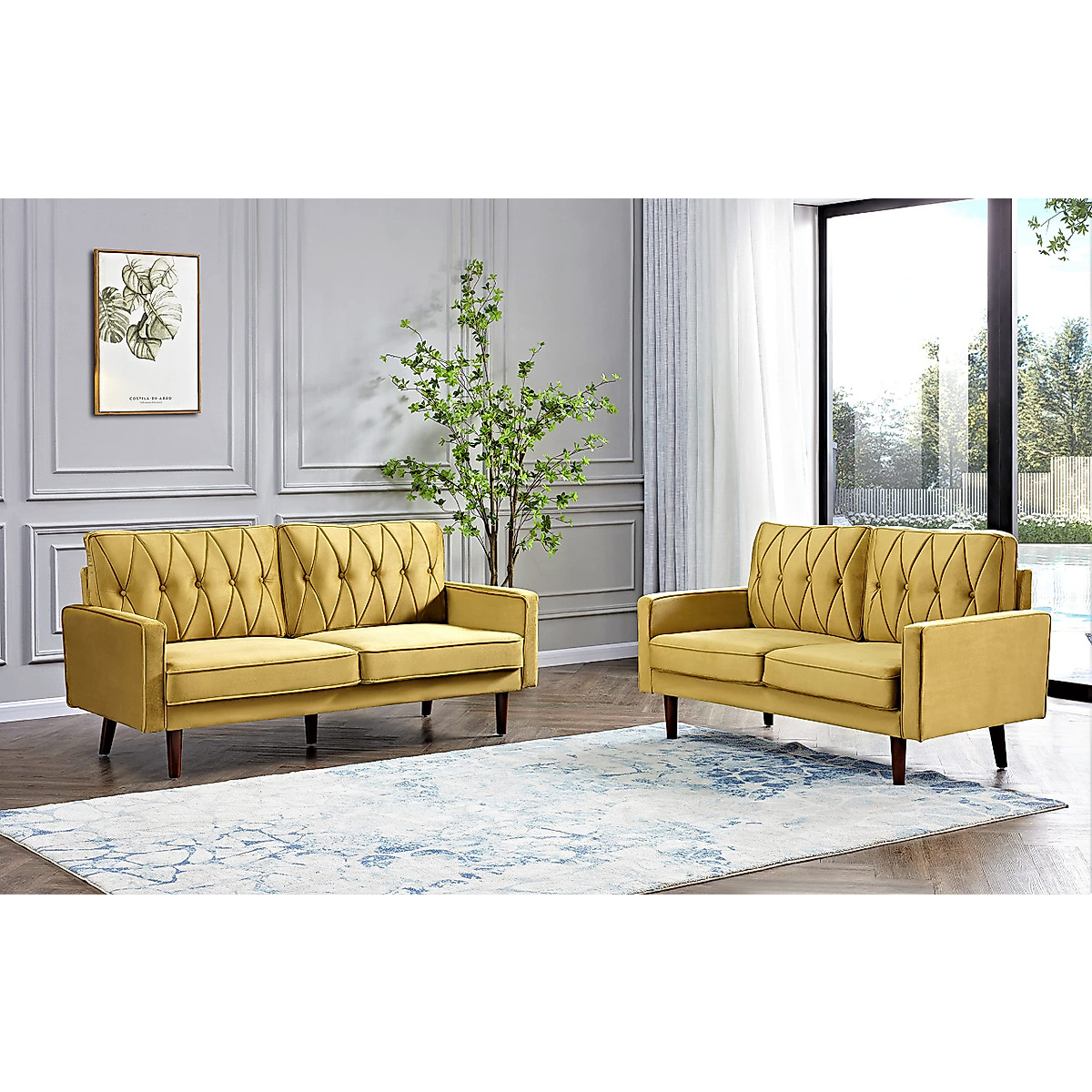 Container Furniture Modern Style Tufted Velvet Couch for Living Room with Soft Fabric Upholstery and Solid Wood Frame, 57.5'' Wide Loveseat, Yellow Green