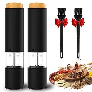 Electric Salt and Pepper Grinder Set of 2, Automatic Operation Salt Pepper Mill Sets with Adjustable Coarseness, Battery Powered, LED light, One Hand Operation-Black