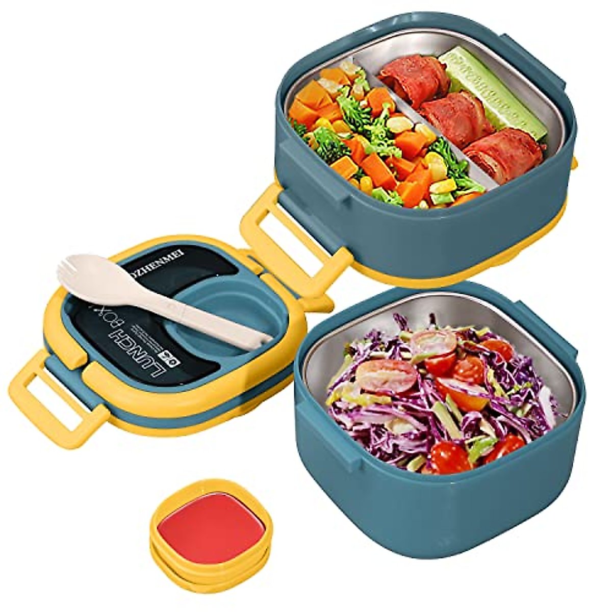 Stackable Lunch Container for Adults with 45oz Stainless Steel Salad Container for Lunch Bento Box, Leak-Proof Durable All-in-One Lunch Box Built In Divider, Spoon, Dressing Container (Blue)