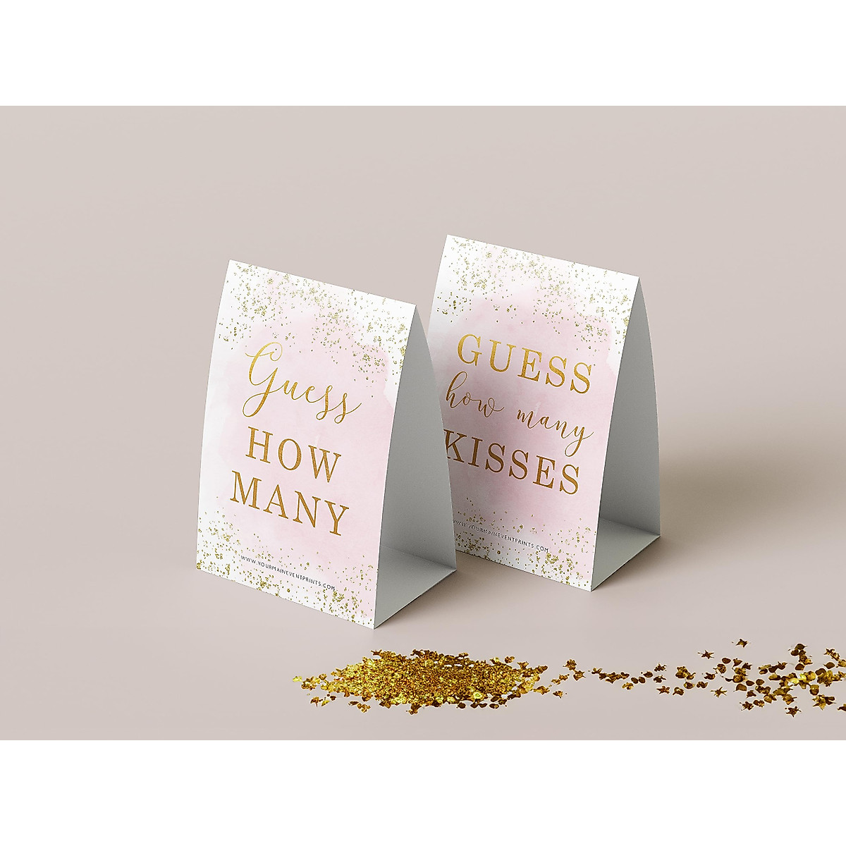 Your Main Event Prints Pink and Gold How Many Kisses Game Sign - Guess How Many - Perfect for Bridal Showers and Weddings - 1 Self-Standing Sign and 50 Guessing Cards