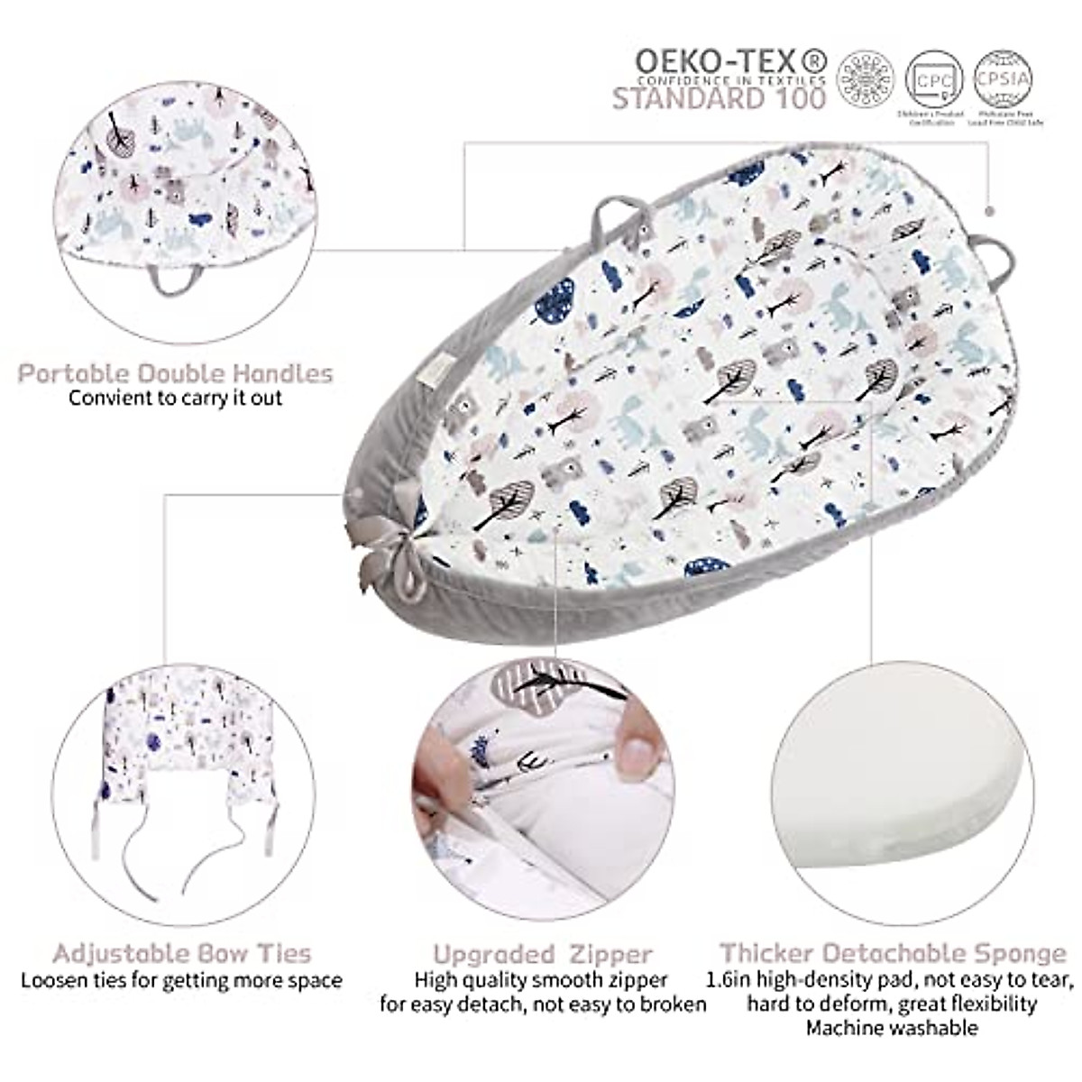 Baby Lounger 100% Cotton Breathable Newborn Infant Bed Co Sleeping Nest Bed Cover Machine Washable, Adjustable Size, Strong Zipper