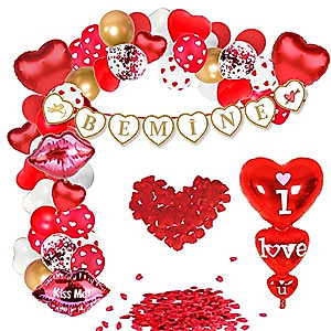 Valentines Day Balloon Arch Garland Kit, Red White Love Balloons Red Confetti Balloons Red Rose Petals Heart Garland I Love U Balloon Be Mine Banner for Valentine Day Engagement Wedding Decorations