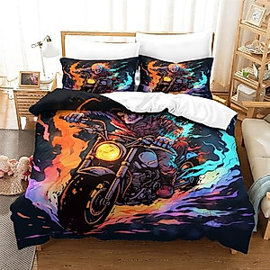 Skeleton Rider Bedding Set Duvet Cover 3D Printed Motorbike Skull Quilt Cover Comforter Covers Microfiber with Pillowcases 3 Pieces for Childrens and Adults with Zipper Closure Twin（173x218cm）