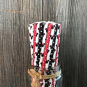 Minnie Mouse Inspired Mouse Ears and Polka Dot Paper Straws - Red White Black - 7.75 Inches - 100 Pack - Outside the Box Papers Brand