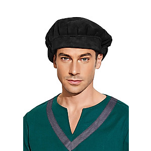 FURPHI Medieval Beret Cap for Men Women Faux Suede Hat Christmas Costume Renaissance Faire Accessories(Dark)