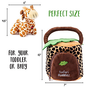 Talking Plush Jungle Animals Set: 4 Soft Safari Toys - Elephant, Monkey, Giraffe, Tiger & Jungle House Carrier