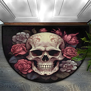 Rose Flower Skull Dark Semi Circle Doormat, Non-Slip Half Round Door Mat 24x36 Welcome Mats for Front Door, Washable Area Rug Decorative Floor Mat for Indoor Outdoor Kitchen Entryway Low Profile