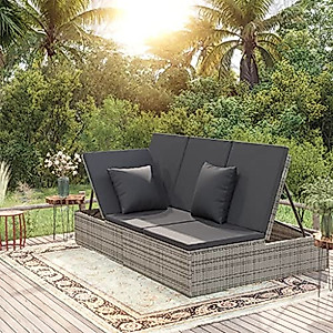 Makastle 2-Person Patio Lounge Chair, Outdoor PE Rattan Adjustable Double Daybed Chaise with Pillow & Cushions, Loveseat Sofa for Garden Lawn Backyard, 78.7"x47.6"x12.2" Poly Rattan Dark Gray