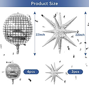 Disco Ball Balloons 7PCS Silver 4D Foil Disco Balloons with Star Balloons for 70s Disco Dance Party Decorations 2024 Graduation Party Decorations Birthday Decorations Bridal Shower Decoration 22 Inch