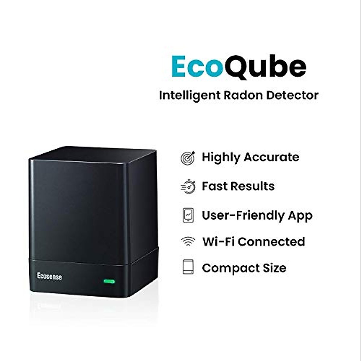 Ecosense EQ100 EcoQube, Smart Continuous Radon Detector for Home, Easy to Use, Accurate, Wi-Fi, USA Version pCi/L