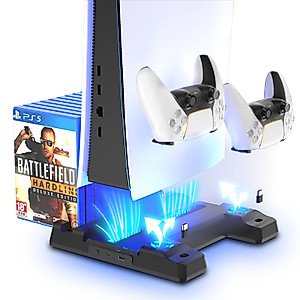 HEATFUN PS5 Charger Stand with Cooling Fan, 3 Levels Adjustable Speed, 12 Game Rack Organizer, Dual USB Ports, LED Indicator, Compatible with Disc and Digital Versions