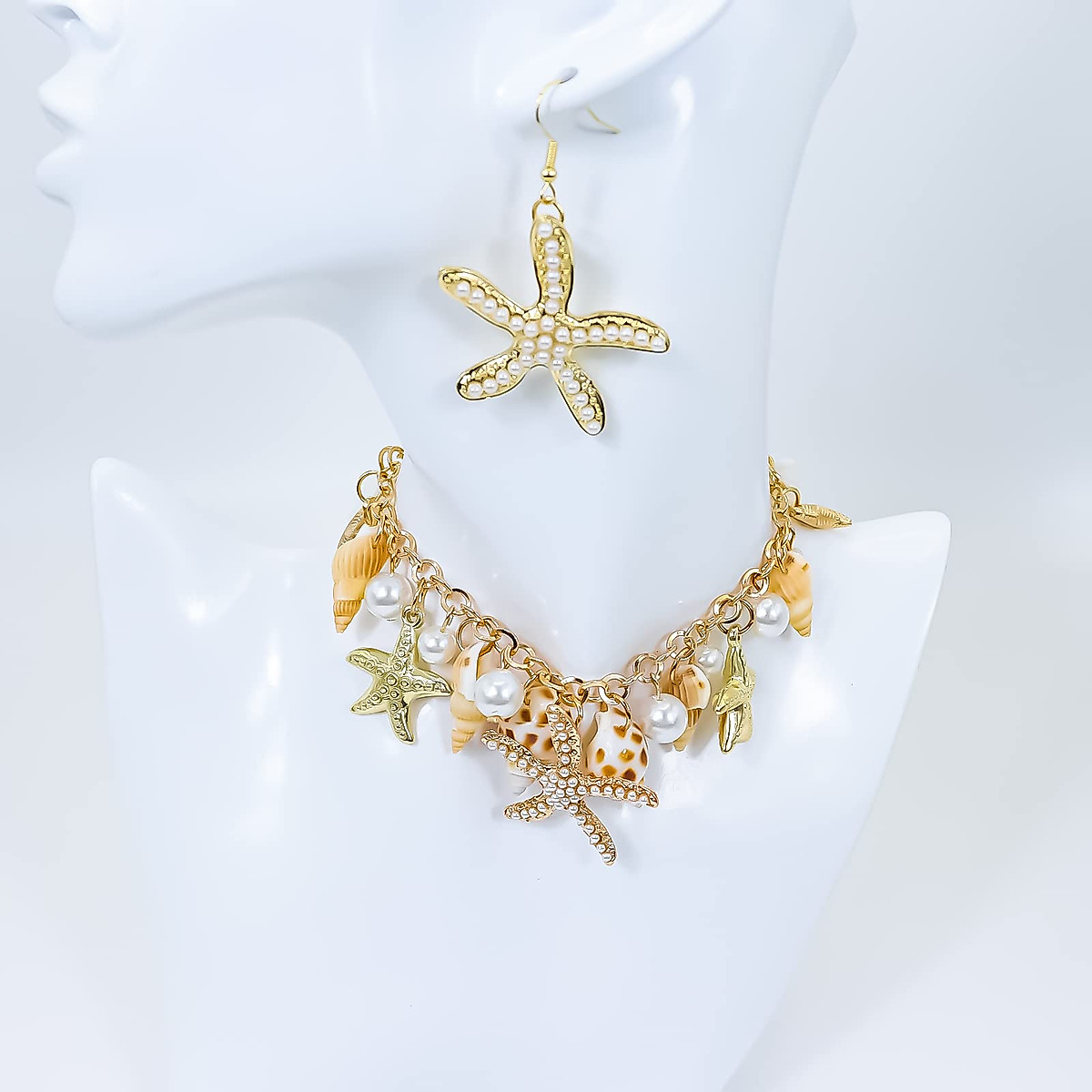 Halawly Shell Necklace Choker Mermaid Tail Necklace - Fashion Sea Shell Starfish Faux Pearl Collar Bib Statement Chunky Necklace Pendant (Shell Necklace Set)