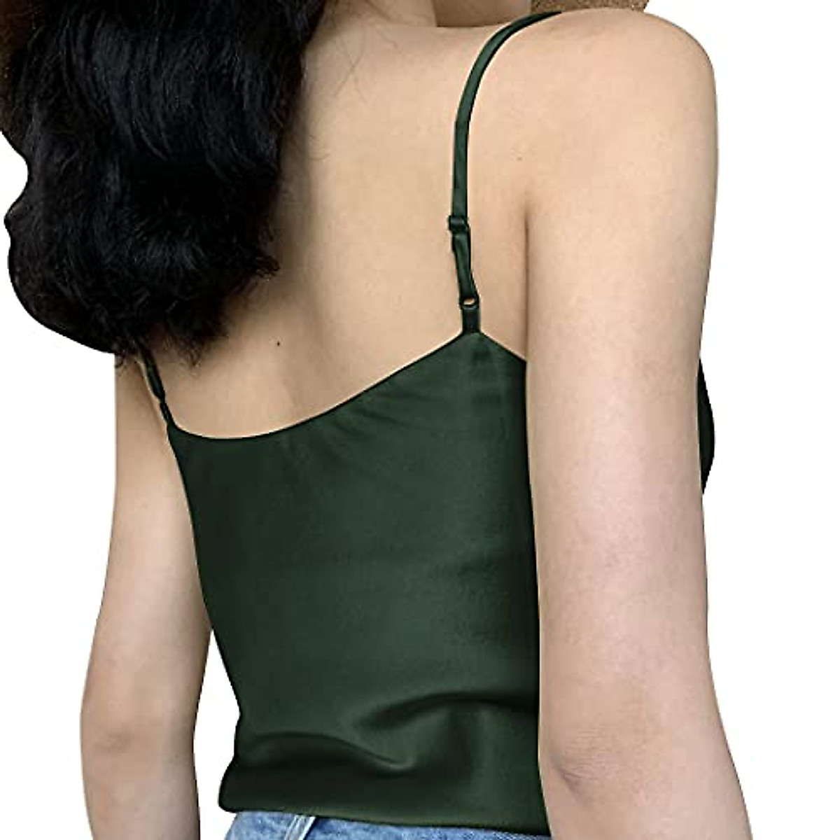 Miqieer Basic Women's Silk Tank Top Ladies V-Neck Camisole Silky Loose Sleeveless Blouse Satin Tank Shirt(Cowl Neck-Green,M)
