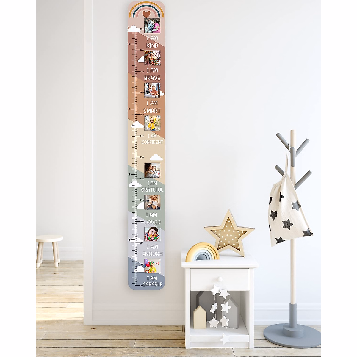 Solid Wood Inspirational Growth Chart for Kids with Photo Windows, Motivational Height Chart for Kids, Foldable Kids Height Wall Chart Milestone Marker, Positive Birthday Gift for Girls Room Decor