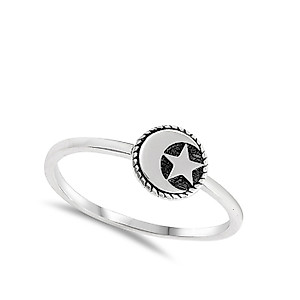 Oxidized Moon Star Simple Dainty Ring 925 Sterling Silver Muslim Band Size 10