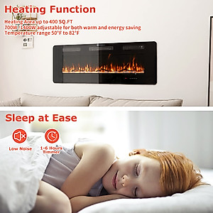 FODINGHILL 60" Insert Wall Mounted Electric Fireplace, Low-Noise Fireplace Heater Mantel Features a Touch Screen, Timer, Adjustable Flame Color, 700W / 1400W