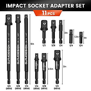 GURADESIGN 11-Piece Impact Socket Adapter Set for Drill, 3-Inch and 6-Inch Hex Shank Impact Driver Socket Adapter, Socket to Drill Adapter 1/4" 3/8" 1/2" Impact Driver Adapter