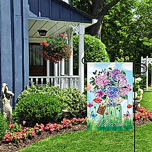 Morigins Welcome Spring Mason Jar Double Sided Garden Flag Floral Butterfly 12.5 x 18 Inch