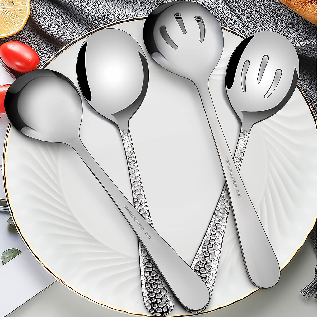 Hammered Serving Spoons, E-far 8-Piece Metal Serving Utensils Set - Solid Spoons x 4, Slotted Spoons x 4, Stainless Steel Hostess Serving Tablespoons Set for Catering Buffet Party Kitchen Restaurant